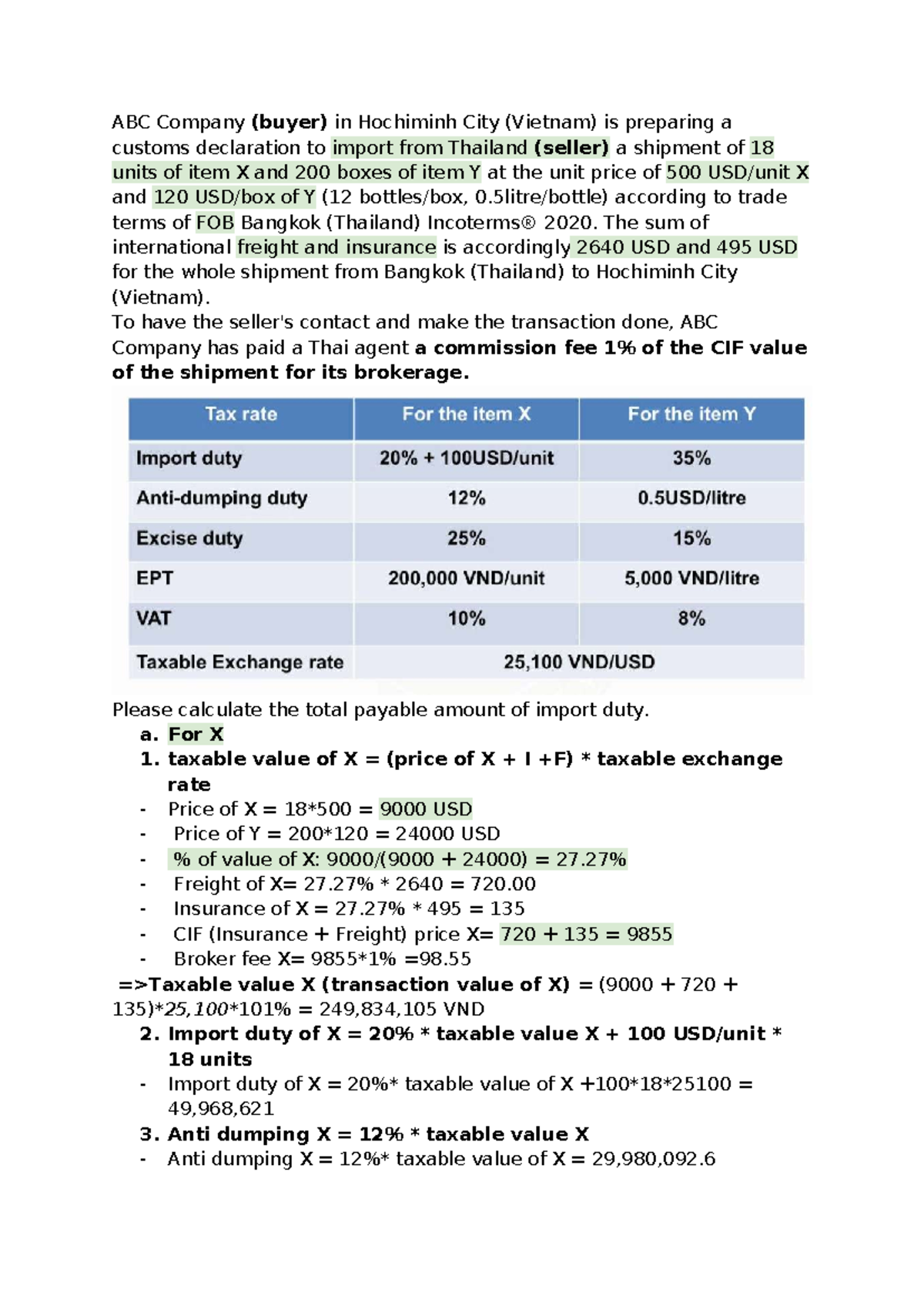 Customs Duty Calculation for ABC Co. Importing Items X & Y - Studocu
