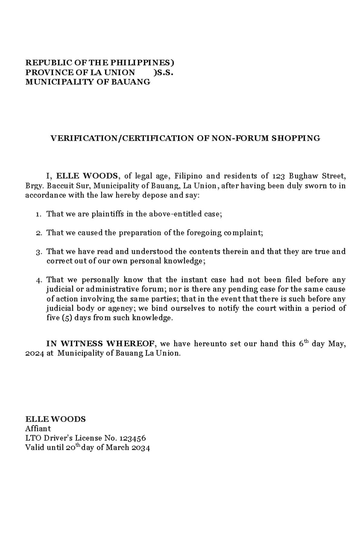 Certification of Non-Forum Shopping - Case Verification Document - Studocu