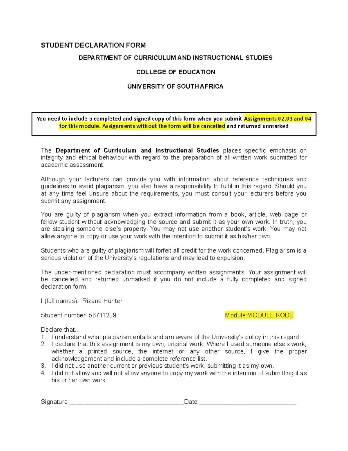 Decleration form - Declaration form - STUDENT DECLARATION FORM ...
