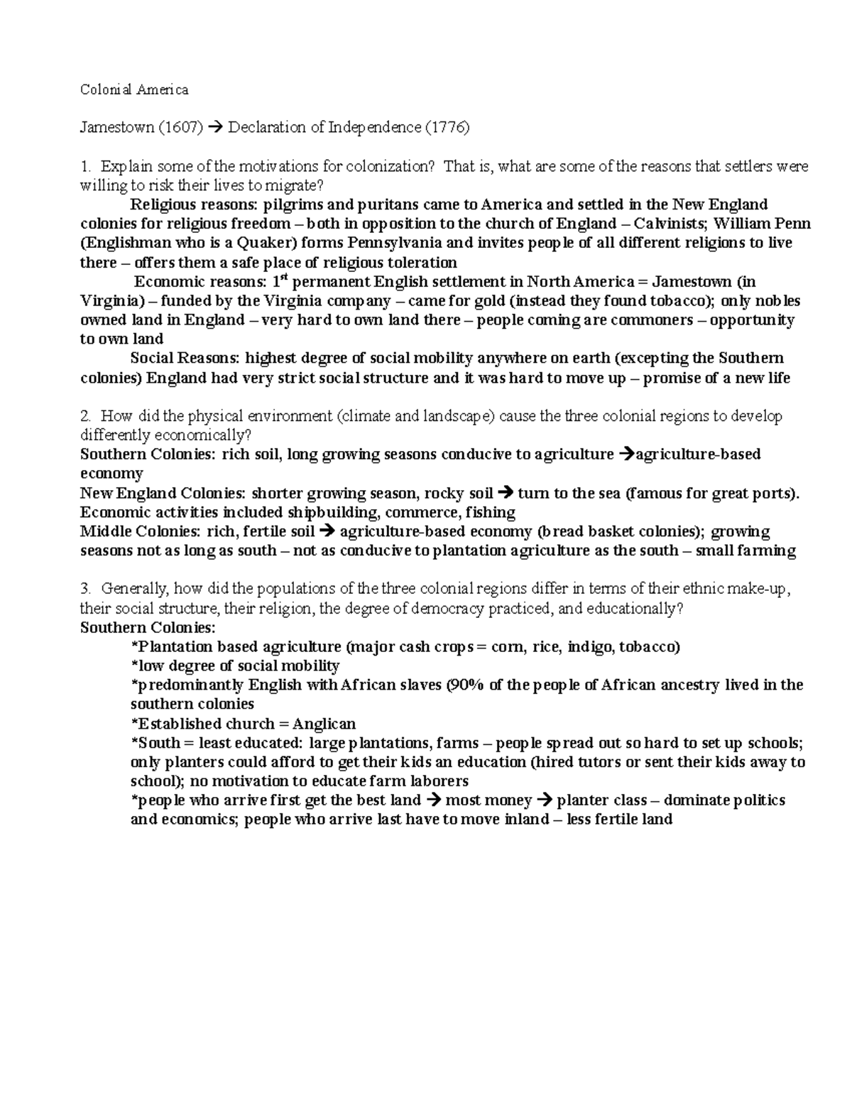Study Guide Unit 1 - Lecture Notes on Colonial America & Revolution ...