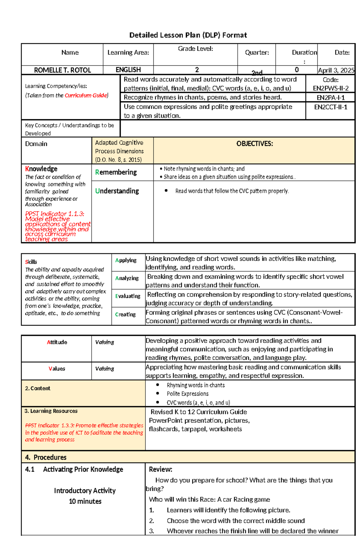 Detailed Lesson Plan (DLP) for English 2: CVC Words & Polite ...