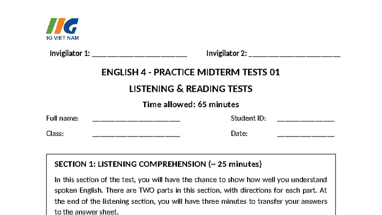 ENGLISH 4 PRACTICE MIDTERM TESTS 01: LISTENING & READING COMPREHENSION ...
