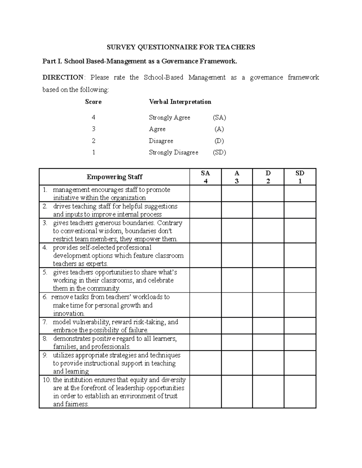 Survey Questionnaire FOR Teachers - SURVEY QUESTIONNAIRE FOR TEACHERS ...