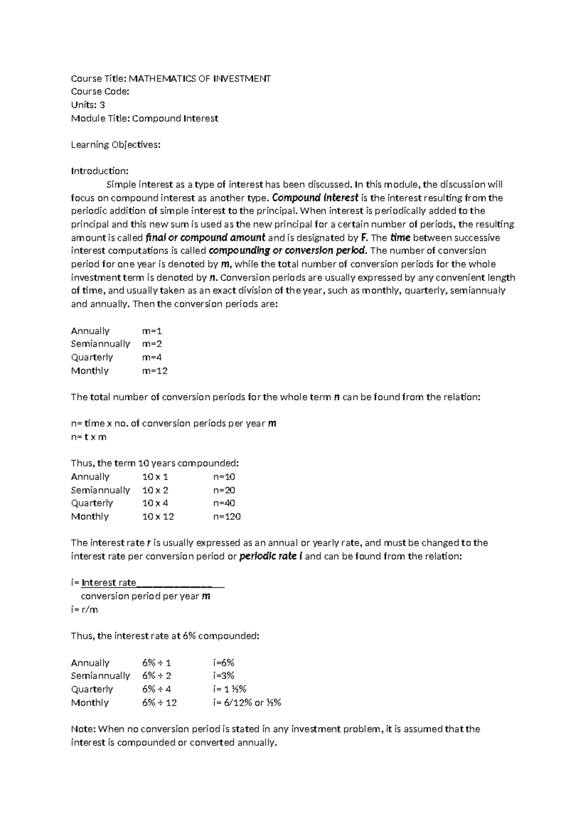 MATHEMATICS OF INVESTMENT (Units: 3) - Module on Compound Interest ...