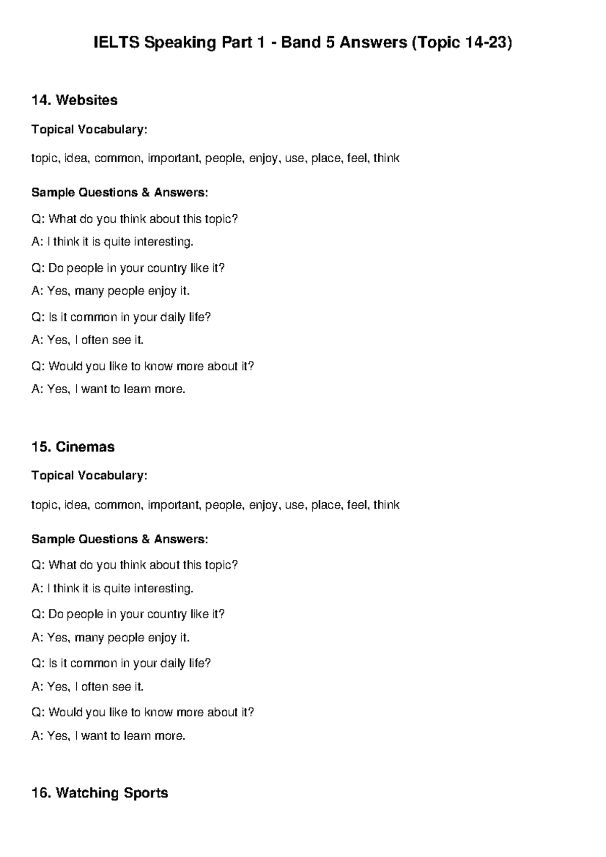 IELTS Speaking Part 1 Band 5: Topics 4-13 Vocabulary & Sample Answers ...
