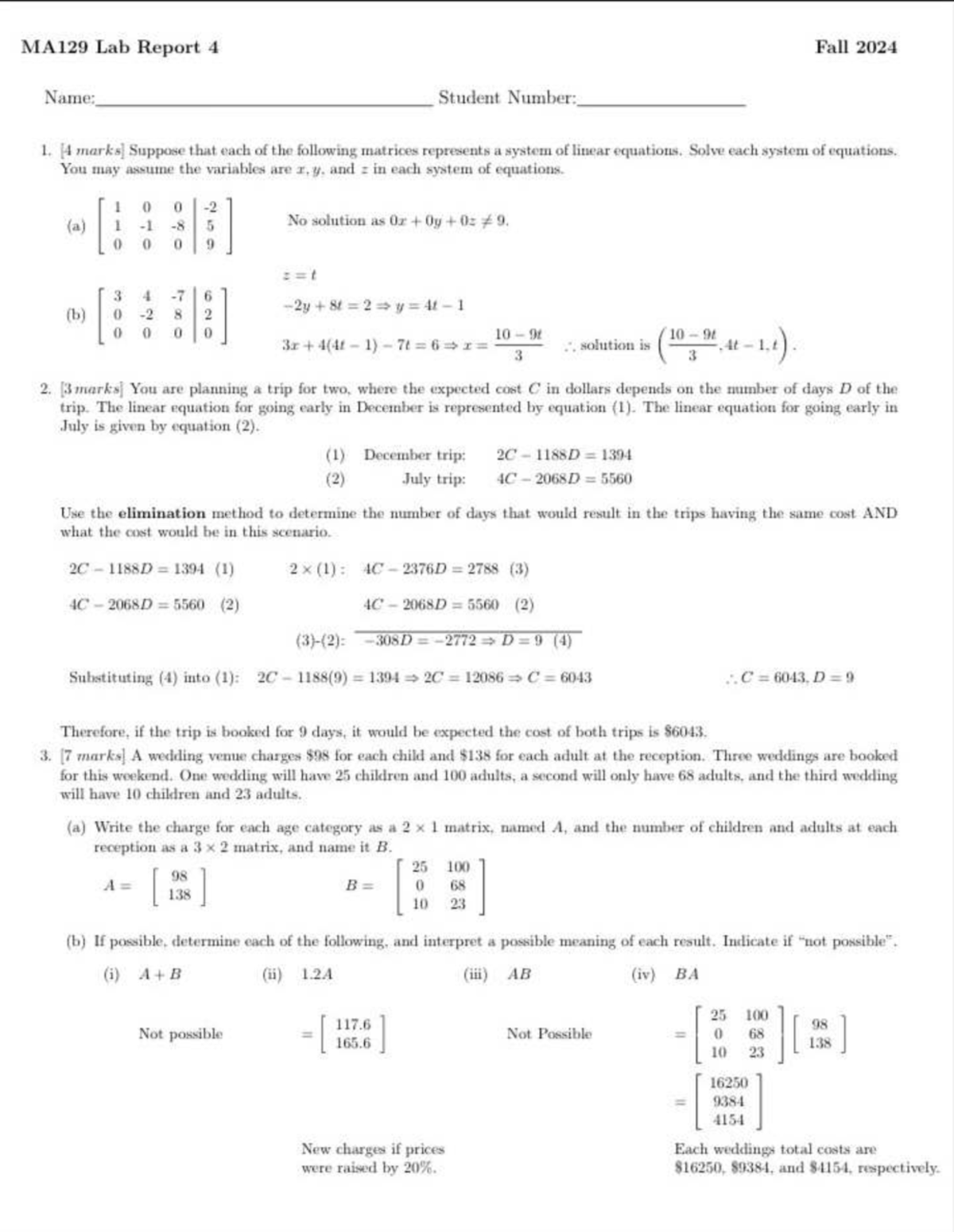 MA129 Lab Report 4: Solving Linear Equations and Cost Analysis - Studocu