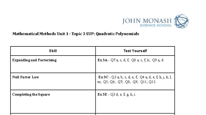 11MMET T03 SUP: Quadratic Polynomials Skill Review and Practice - Studocu