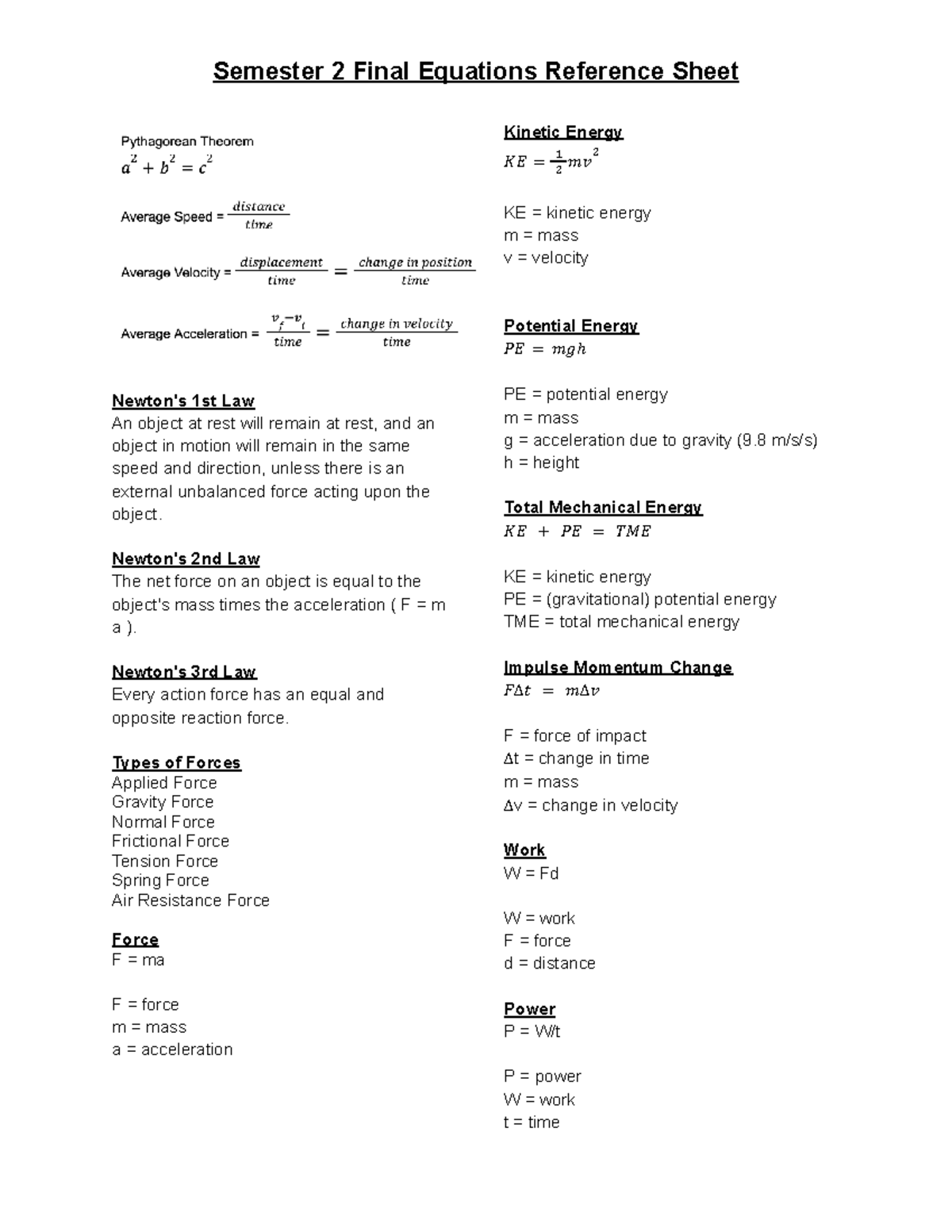 Semester 2 Final Physics Equations Reference Sheet - Studocu