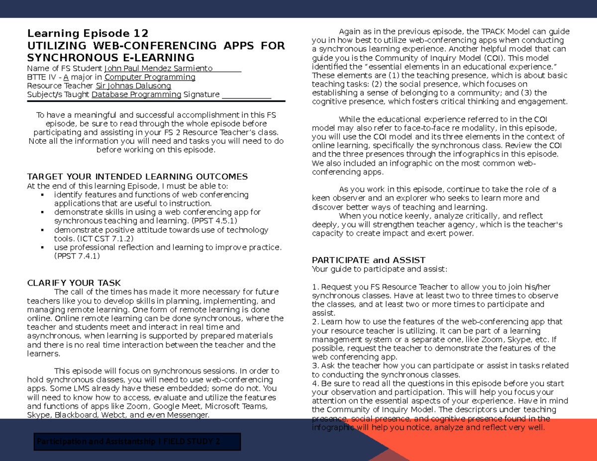 Learning Episode 12 - FS 2 - Learning Episode 12 UTILIZING WEB ...