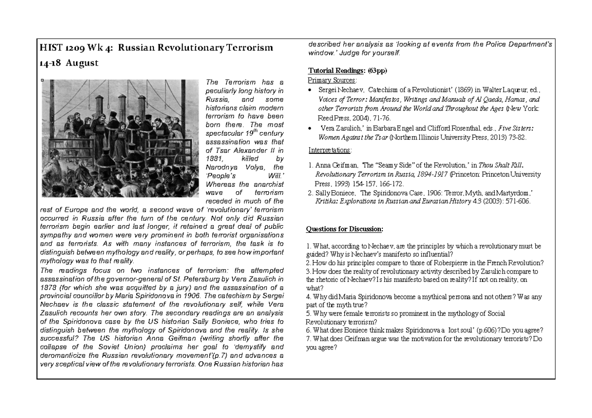 HIST1209 Wk4 Russian Revolutionary Terrorism - Key Readings & Analysis ...