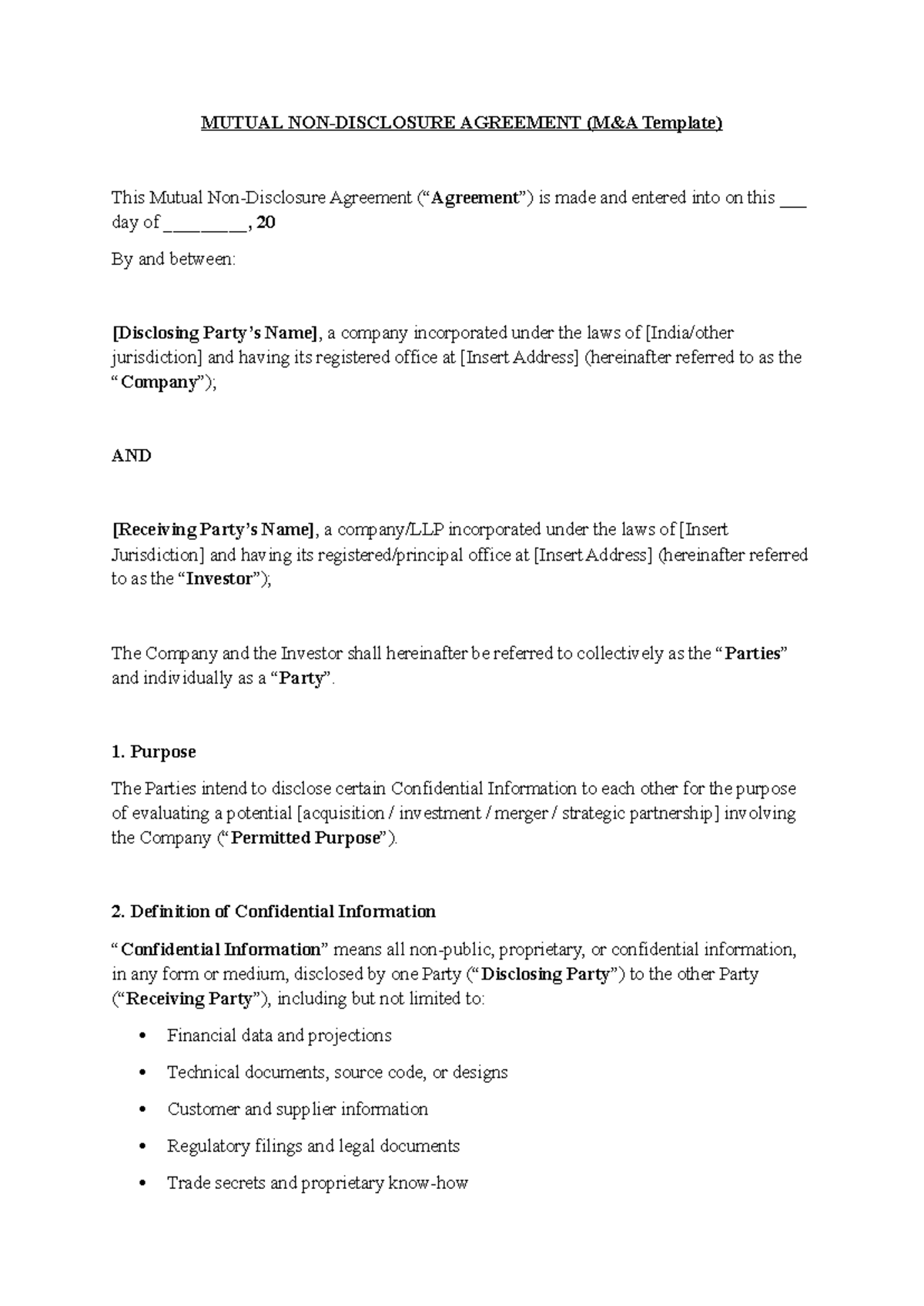 MUTUAL AGREEMENT (NDA) Template for Confidential Information - Studocu