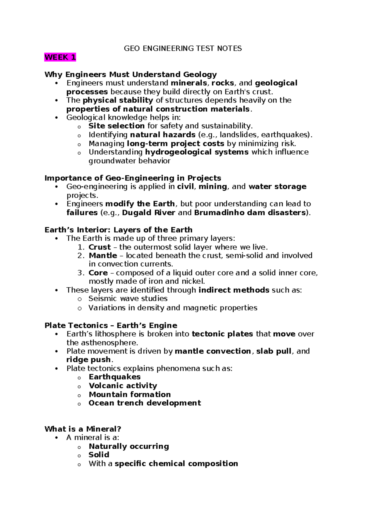 GEO Engineering TEST 1 Notes: Understanding Geology for Engineers - Studocu