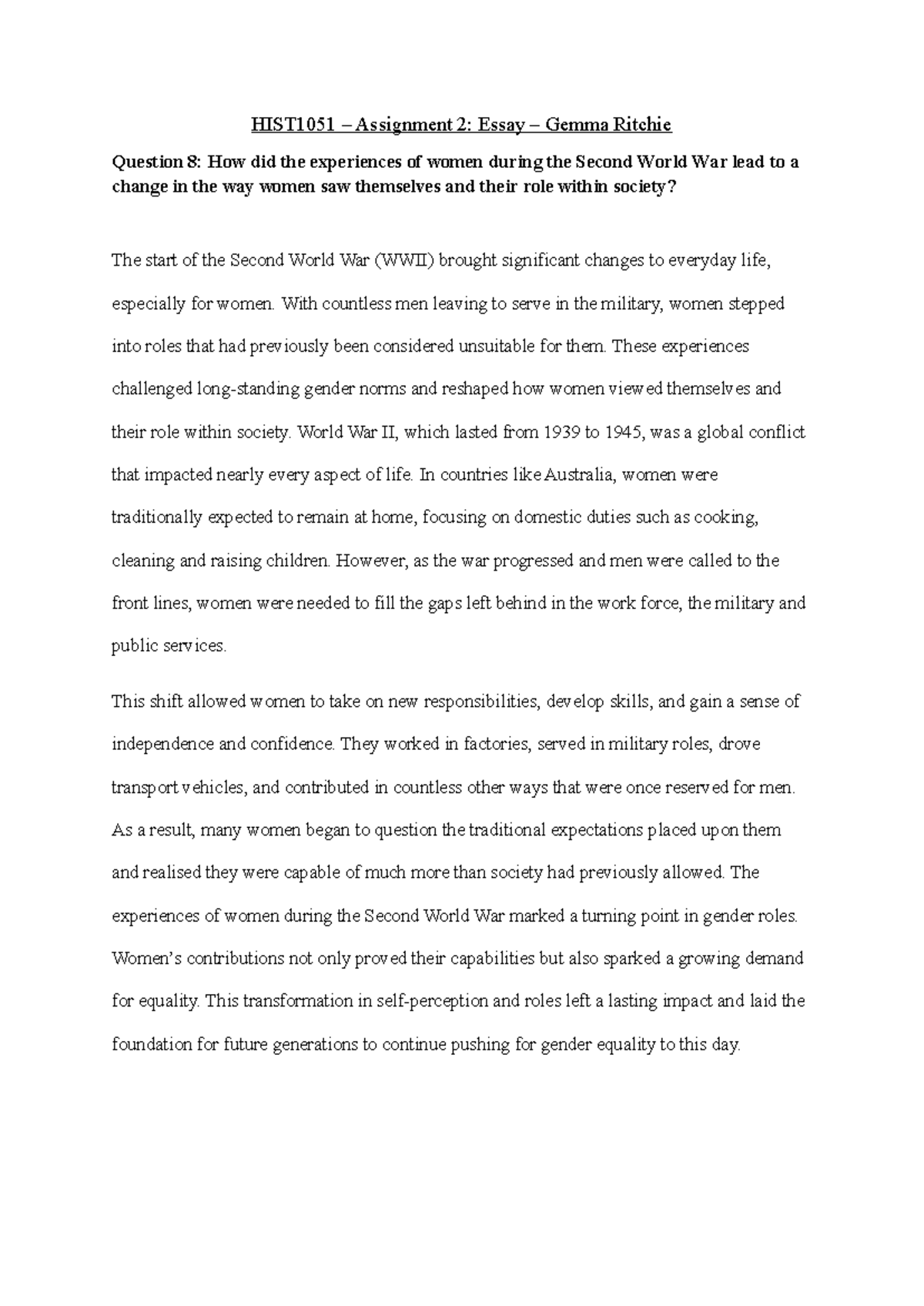 HIST1051 Assignment 2: Women's Roles and Identity Shift in WWII - Studocu
