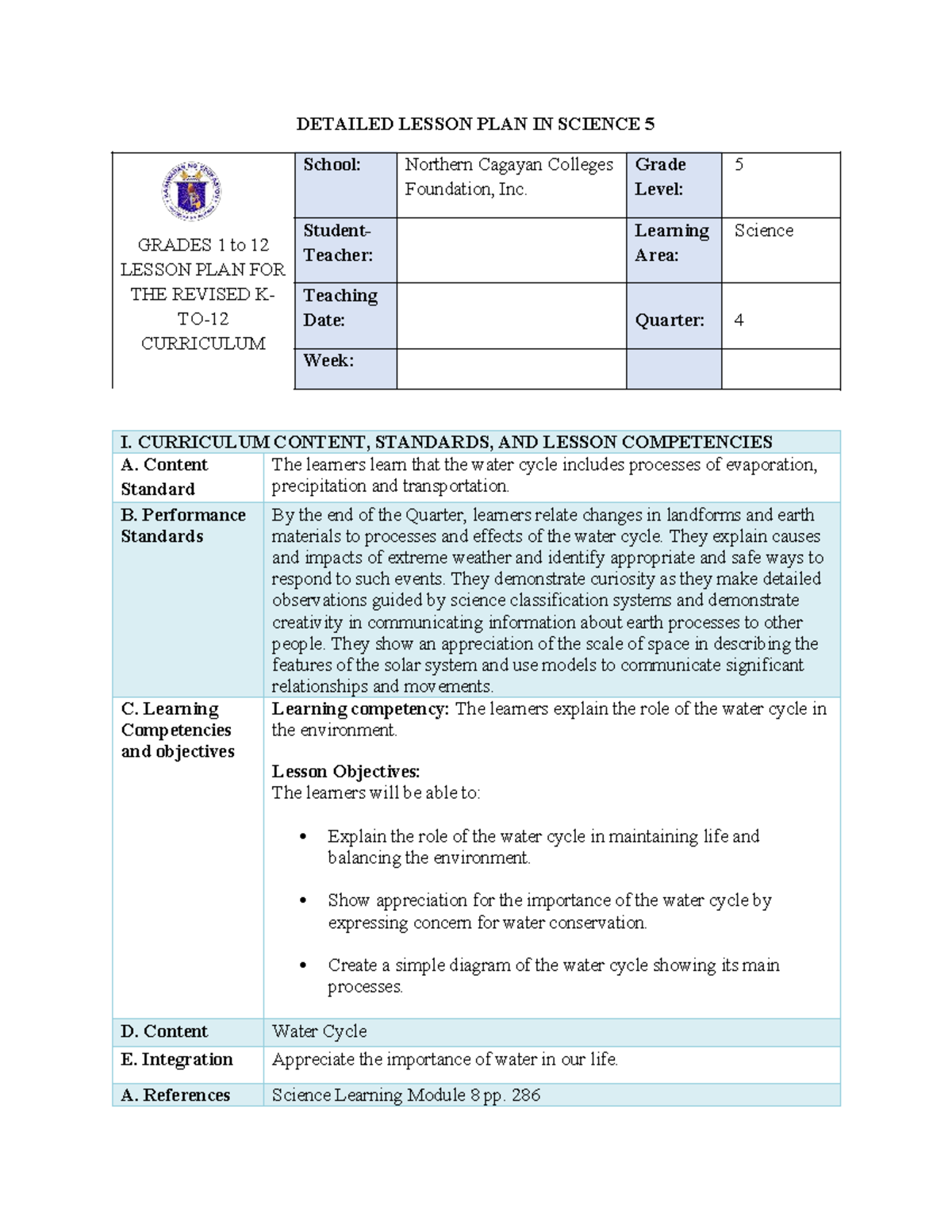 Revised Lesson Plan: Water Cycle in Science 5 (LE) - Studocu