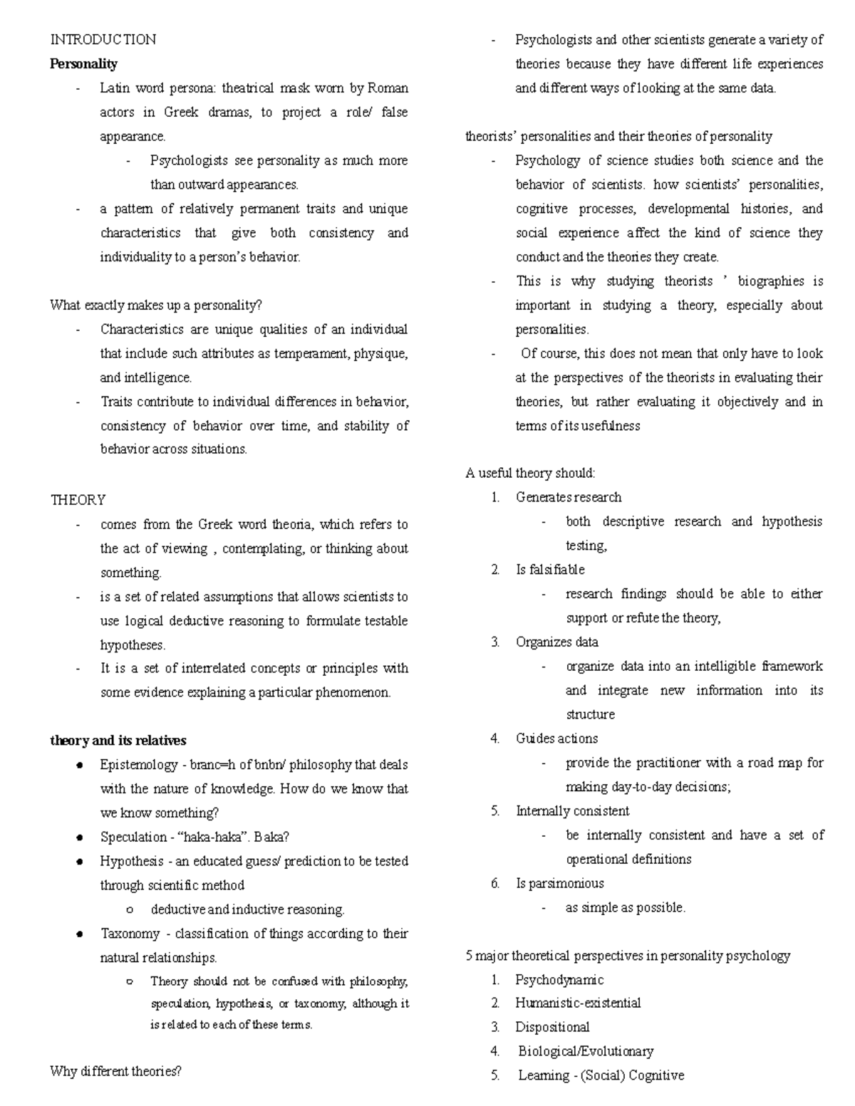 PSY 101: Theory of Personality - Comprehensive Study Notes - Studocu