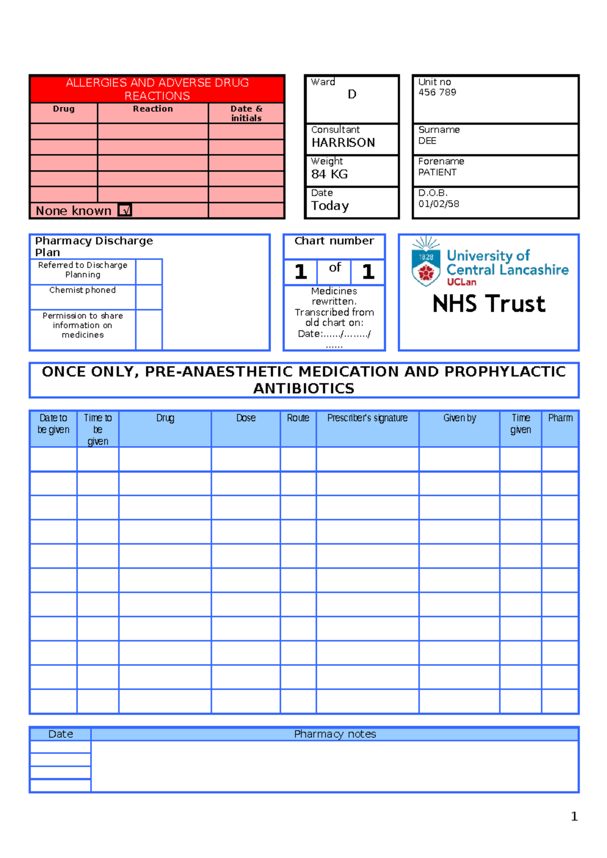 Blank prescription Chart. - Tagged - ALLERGIES AND ADVERSE DRUG ...