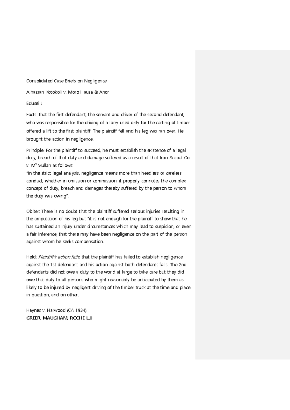 Consolidated Case Briefs on Negligence: Key Cases and Principles - Studocu