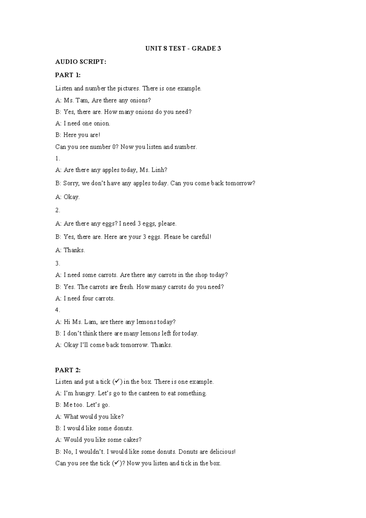Đề KT Unit 8 Tiếng Anh 3 Smart Start: Audio Script - Studocu