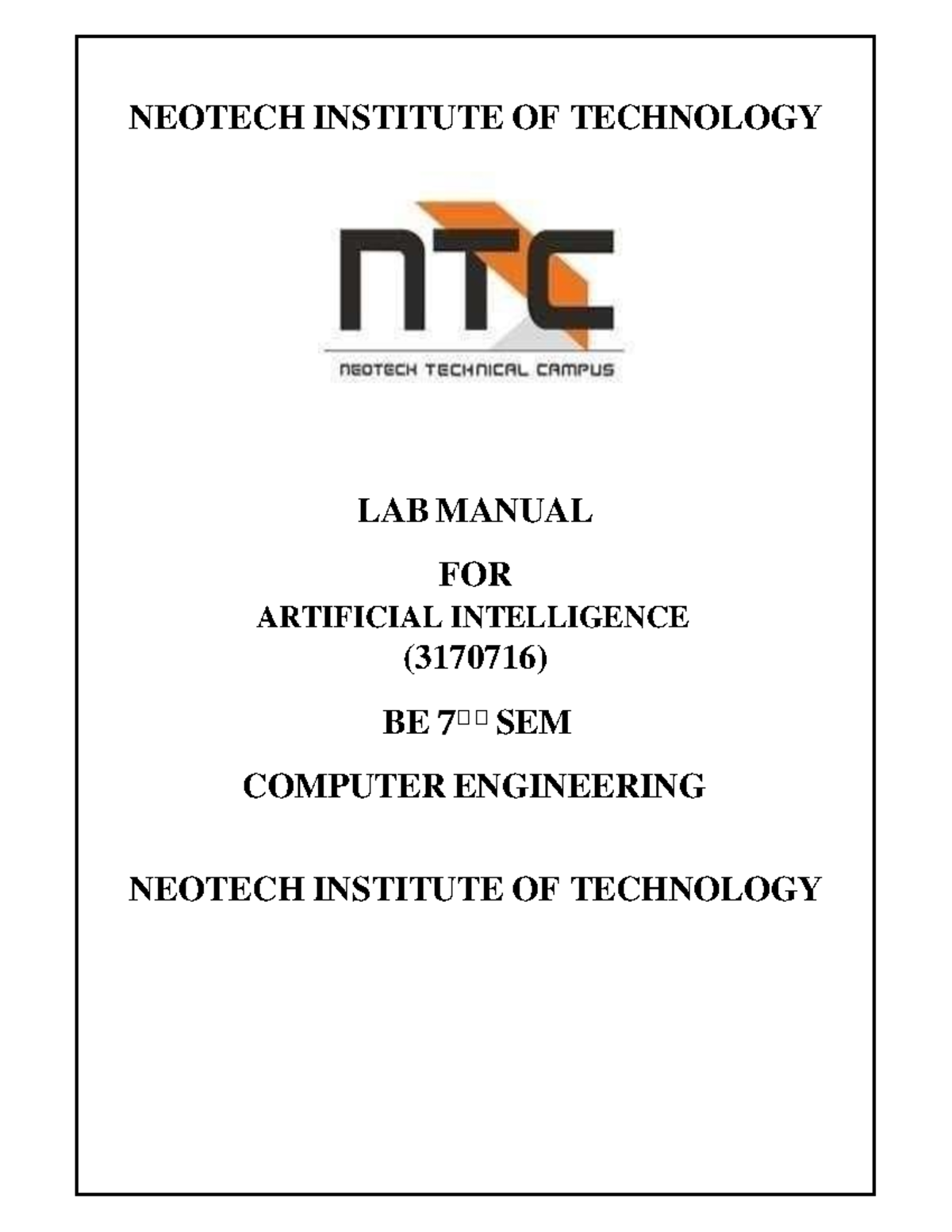 AI Lab Manual for Artificial Intelligence (3170716) - BE 𝒕𝒕 SEM - Studocu