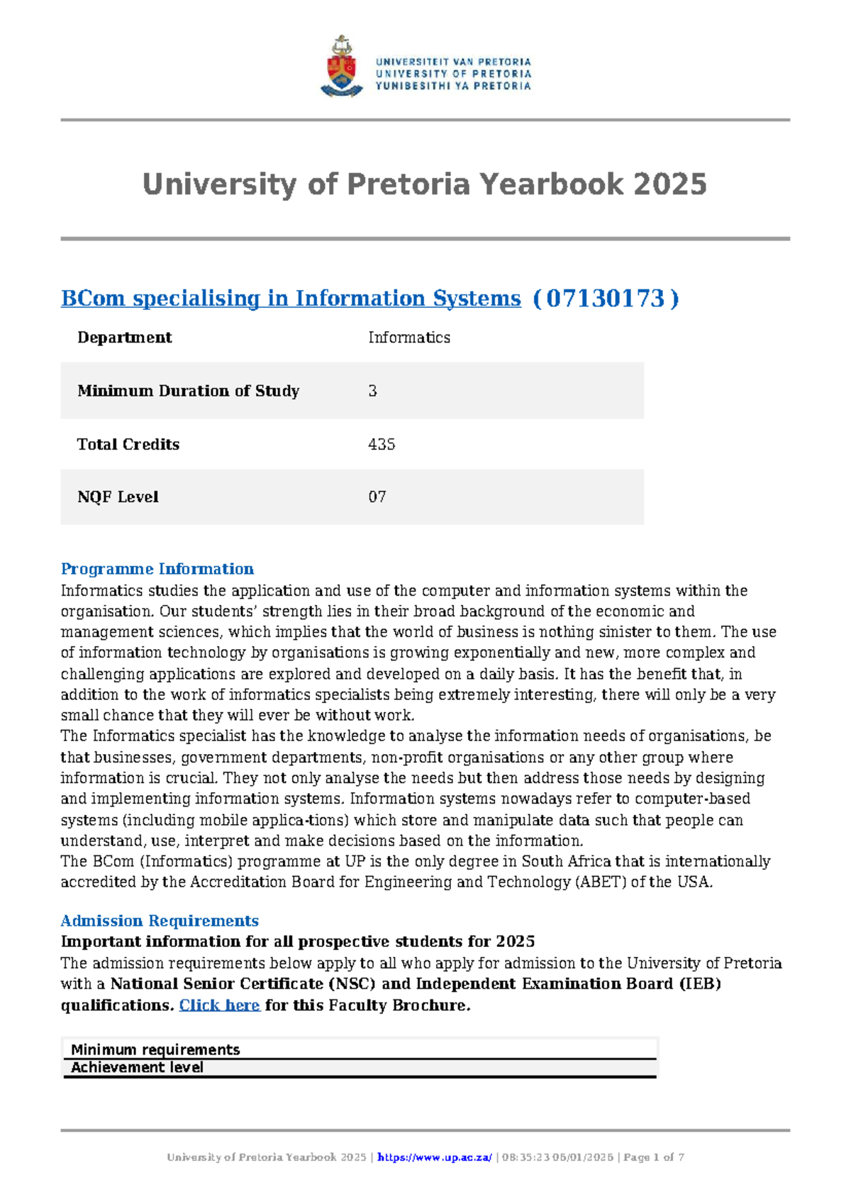 University of Pretoria Yearbook 2025: BCom in Information Systems ...