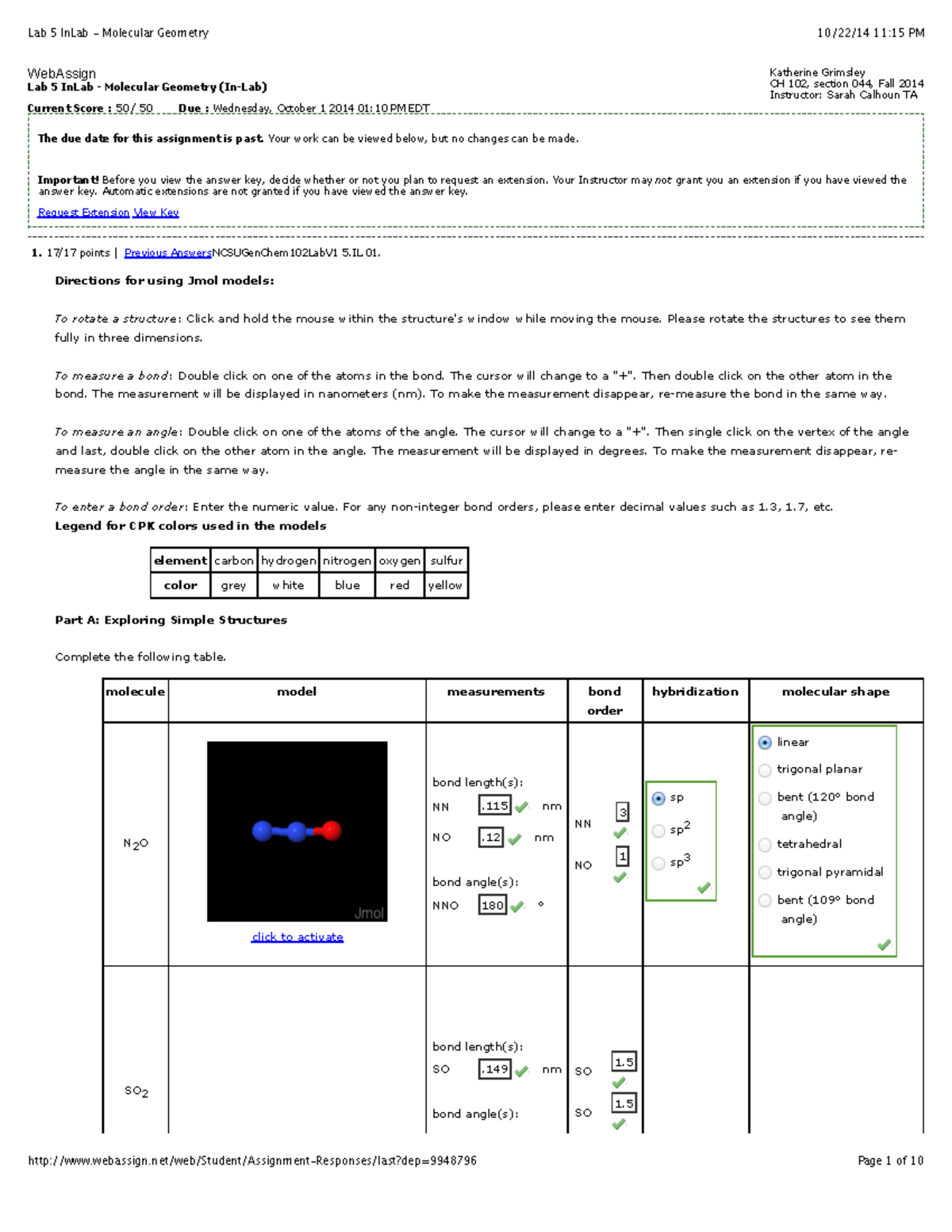 CH 102 Lab 5: In-Lab - Molecular Geometry Analysis and Measurements ...