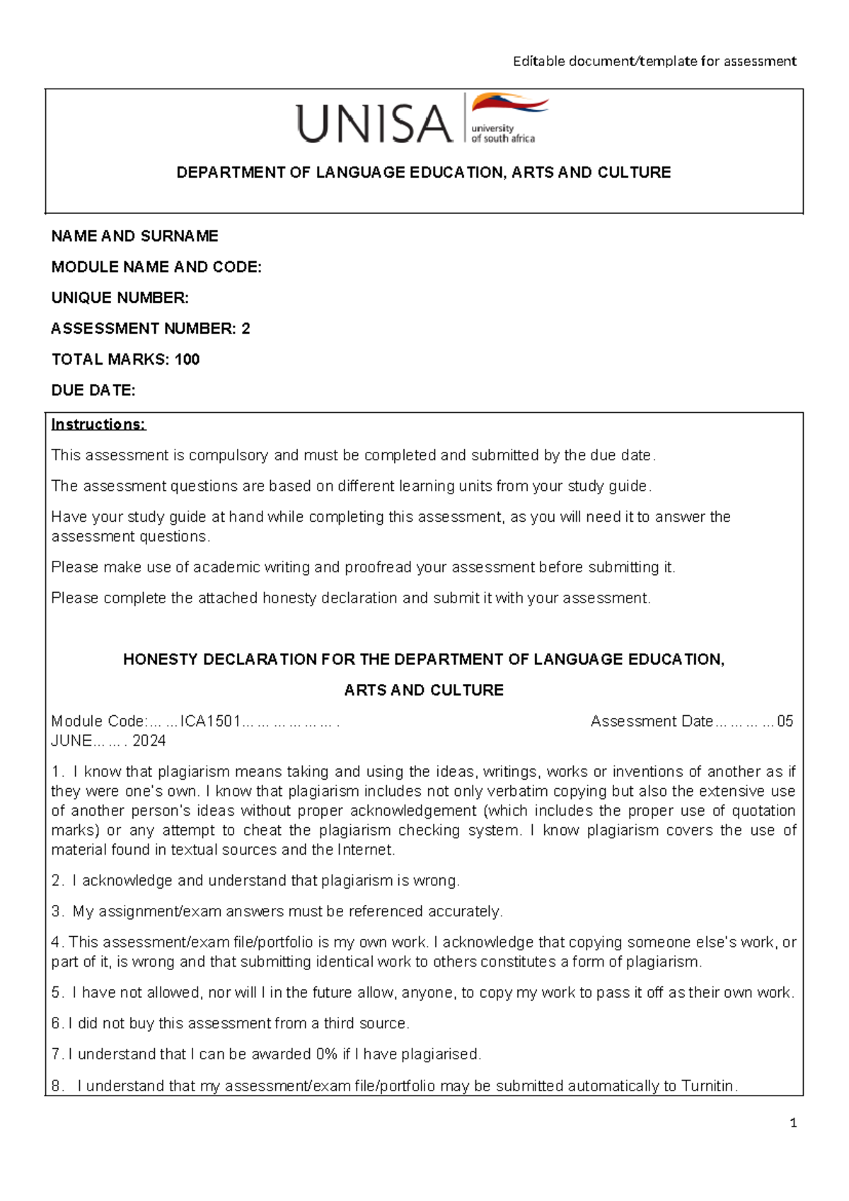 Editable Template for Language Assessment ICA1501 - Studocu