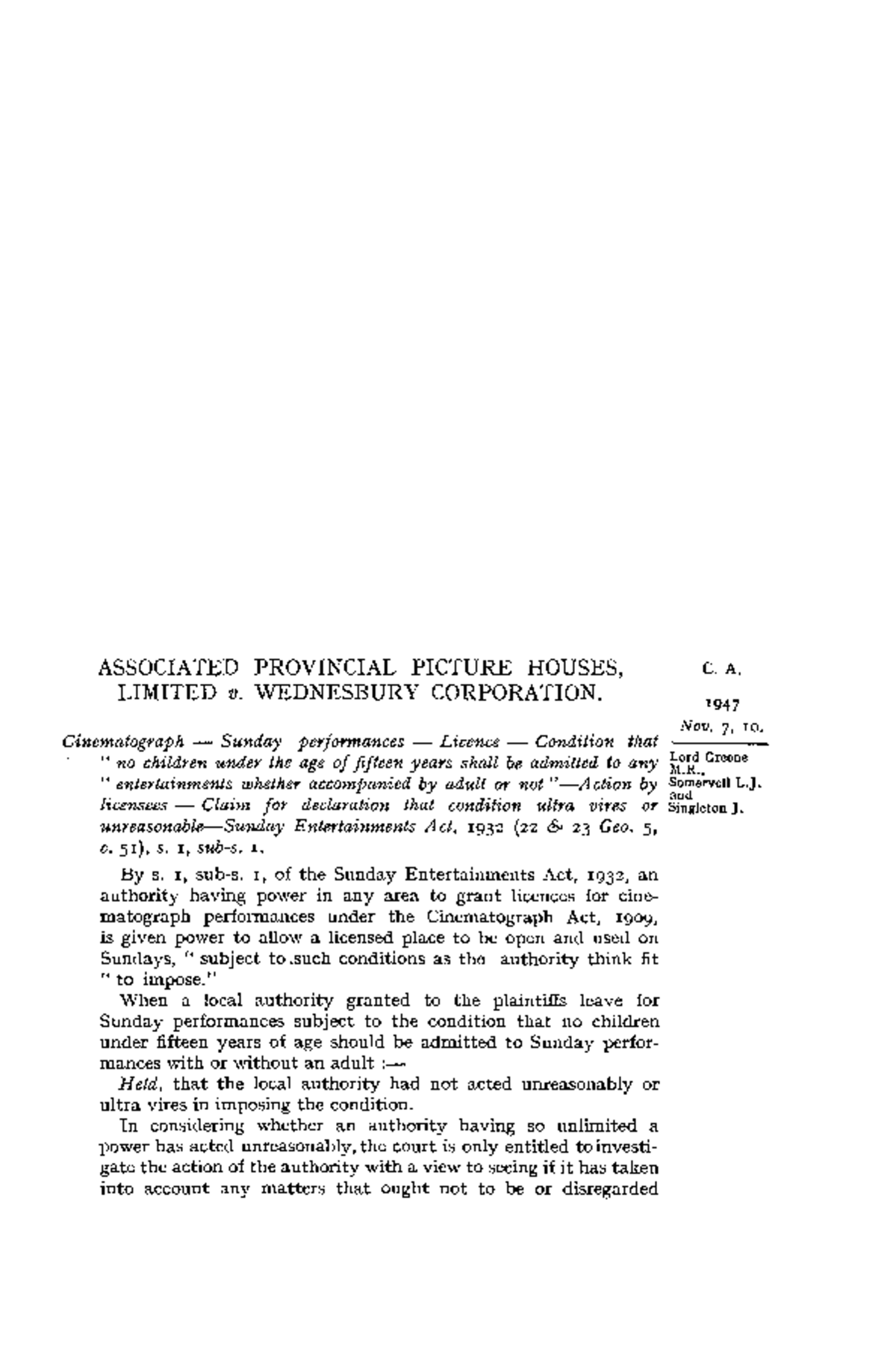 Wednesbury 1947 - ASSOCIATED PROVINCIAL PICTURE HOUSES, C. A. LIMITED V ...