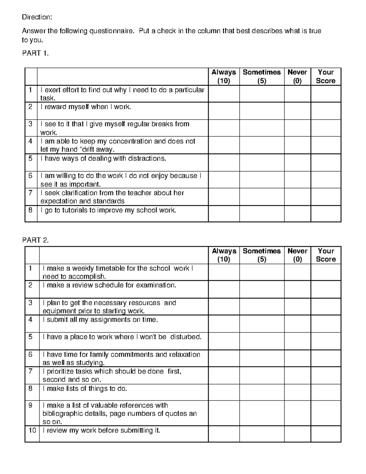Metacognitive Questionnaire for Study Skills Assessment - Studocu