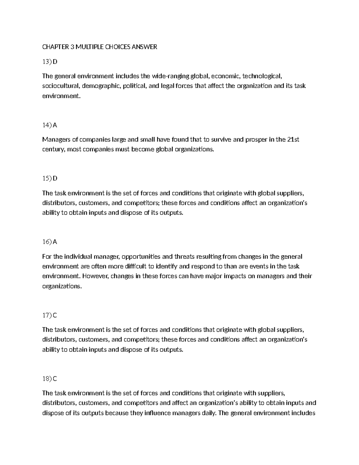 Chapter 3 Multiple Choice Answers: General & Task Environment Insights ...