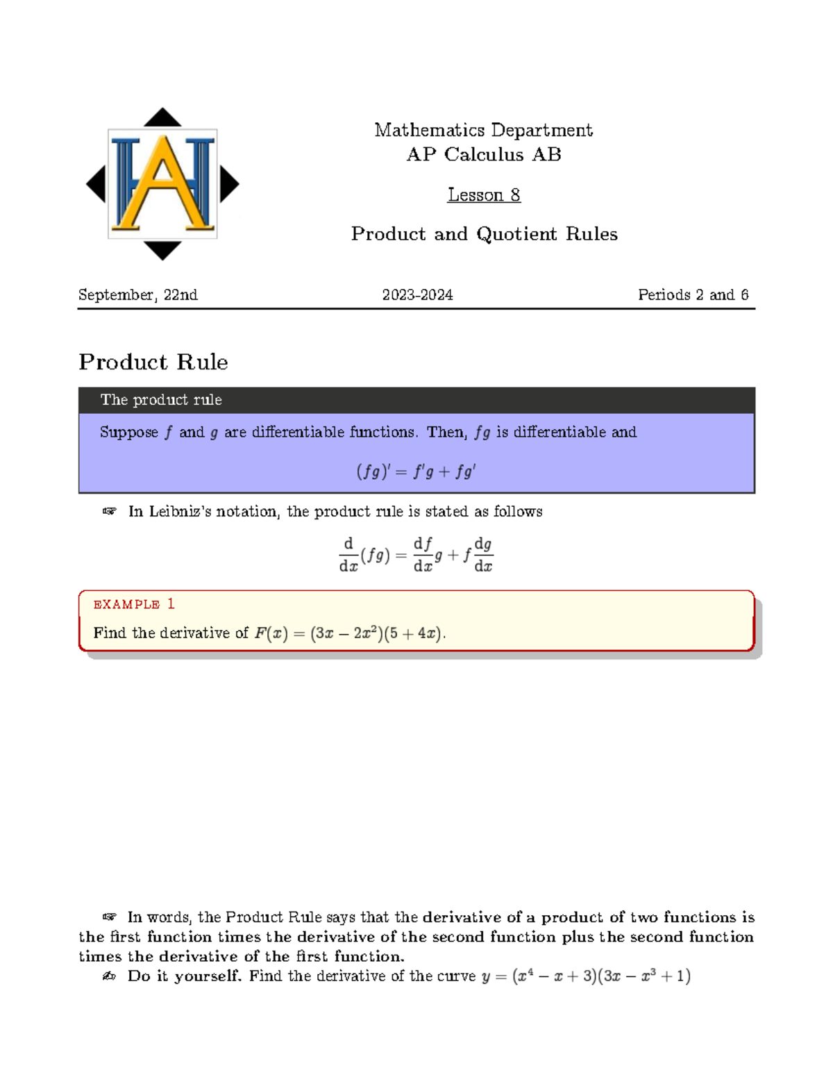 AP Calculus AB Lesson 8: Product & Quotient Rules (2023-2024) - Studocu