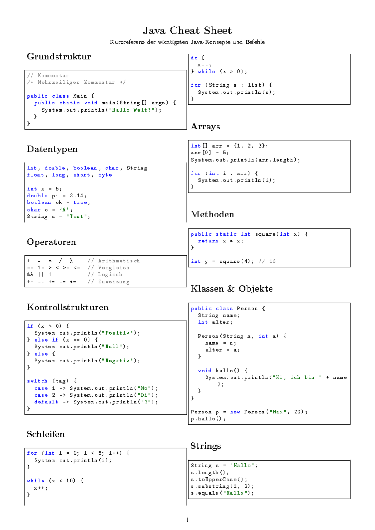 Java Cheat Sheet: Wichtige Konzepte und Befehle - Studocu