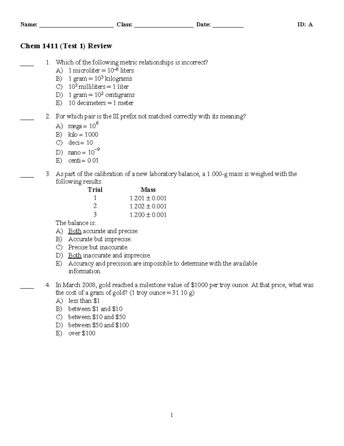 Chemistry 1000 intro - Name: ________________________ Class ...