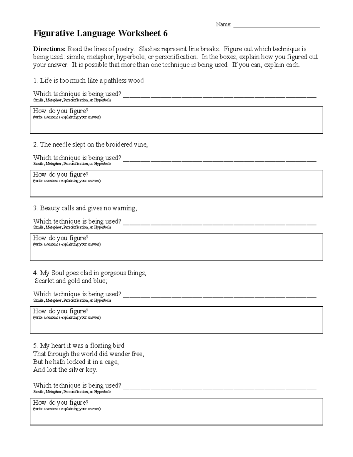 Figurative Language Worksheet 06: Techniques in Poetry Analysis - Studocu