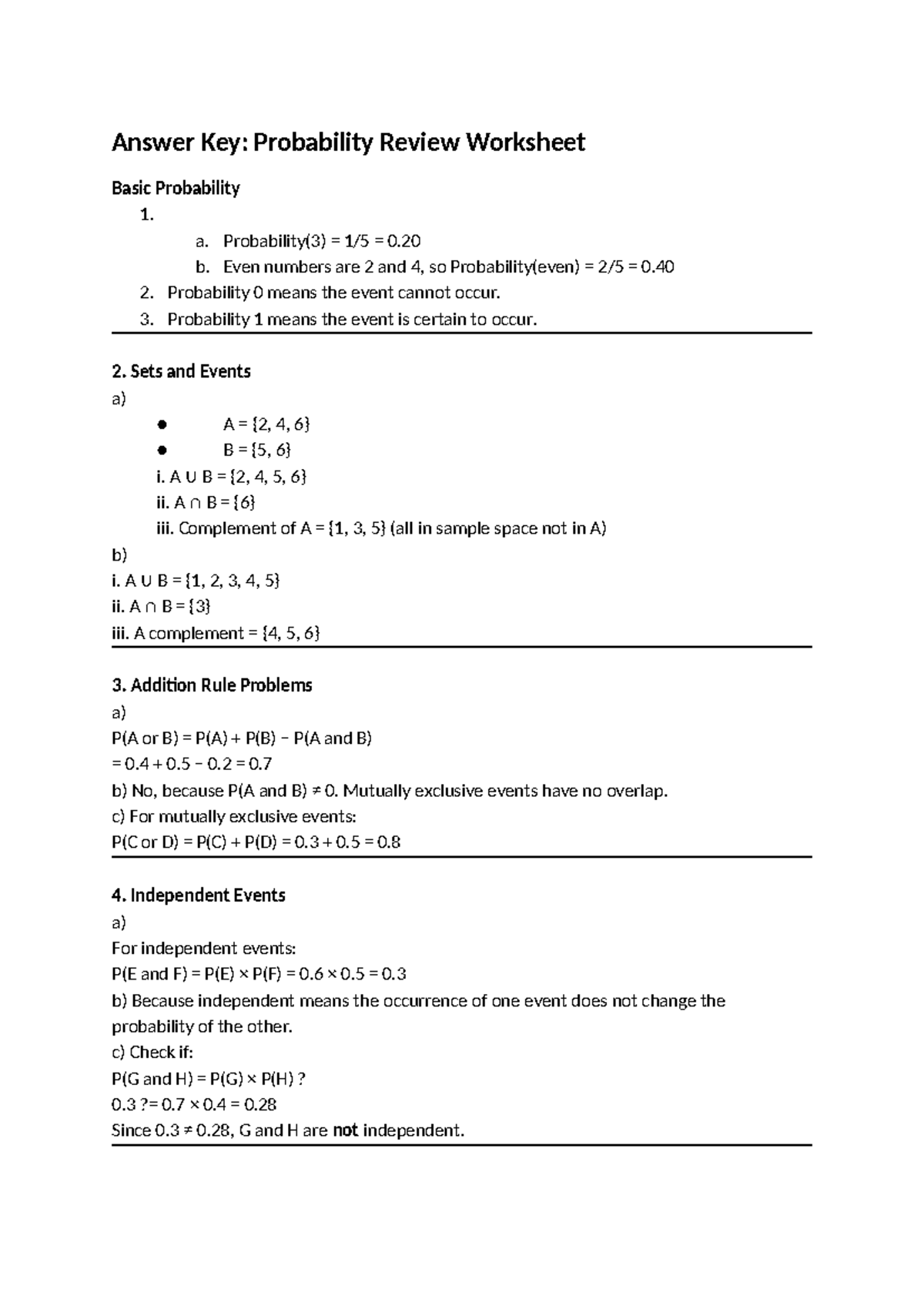 KEY 6.1-6.3: Probability Review Worksheet Answer Key - Studocu