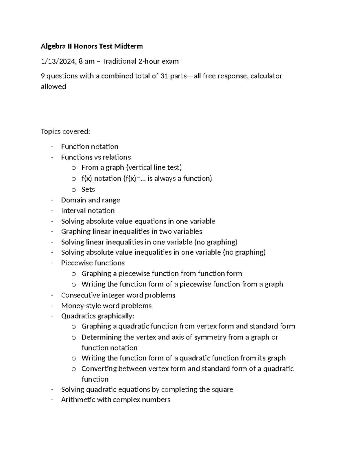 Algebra 2 Honors - Algebra II Honors Test Midterm 1/13/2024, 8 am ...