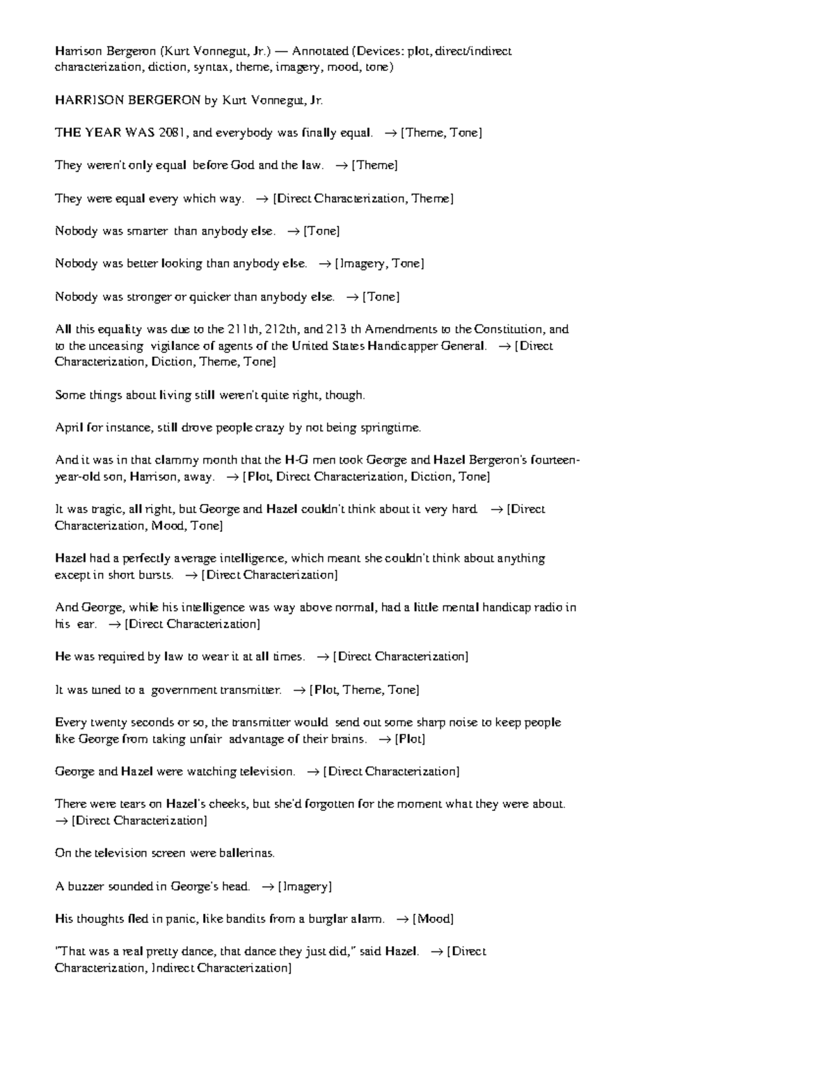 Harrison Bergeron (Kurt Vonnegut, Jr.) Full Annotated Literary Devices ...