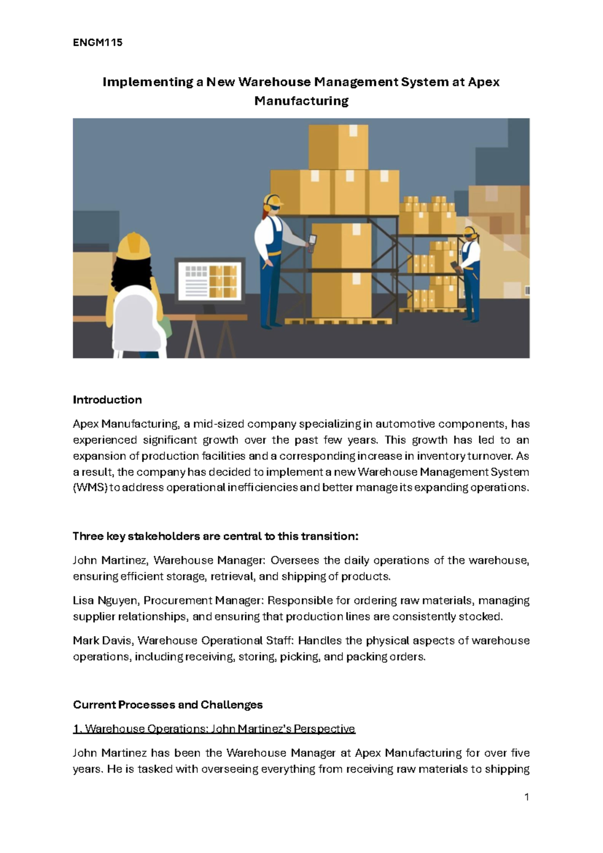 ENGM115 Case Study: Implementing a New WMS at Apex Manufacturing - Studocu