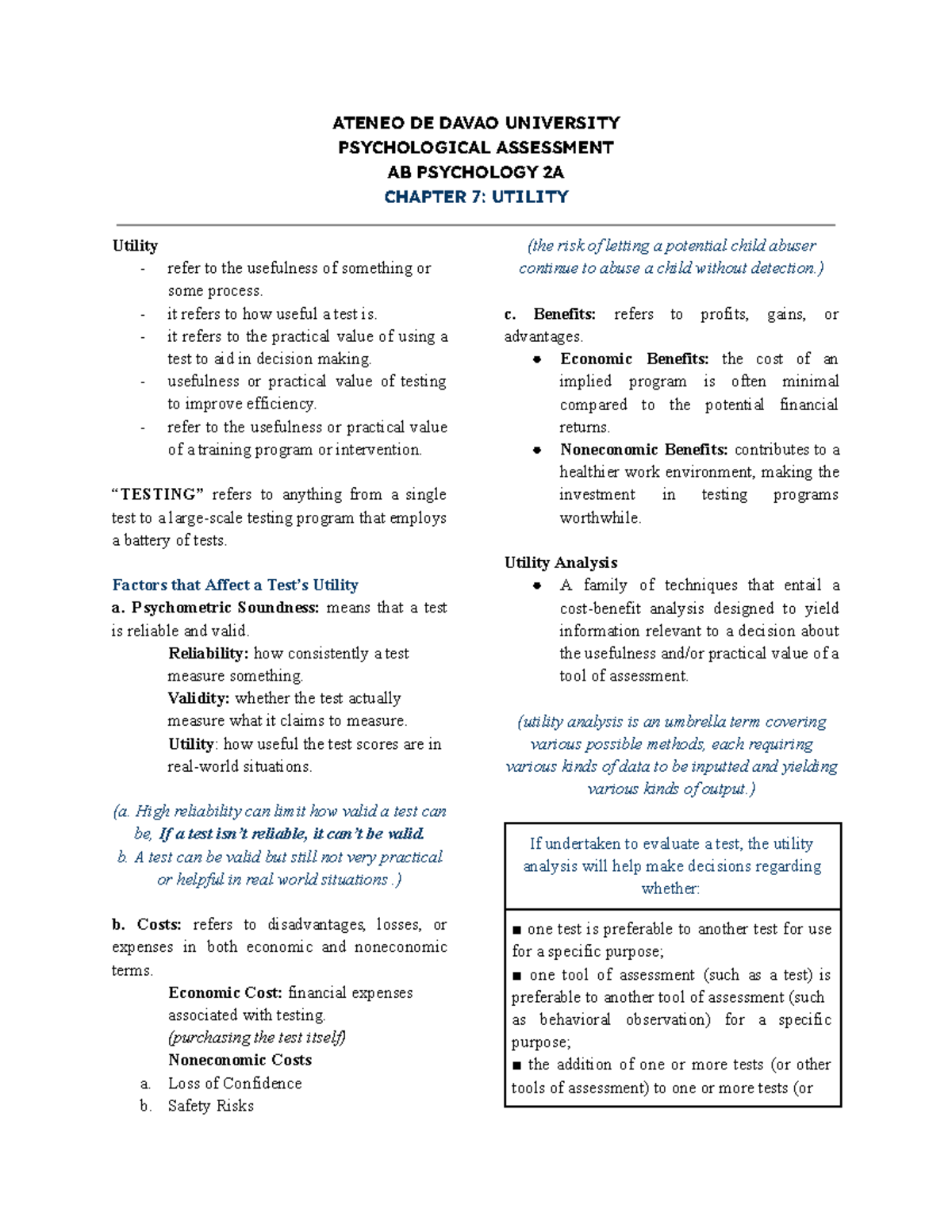 ATENEO DE DAVAO UNIVERSITY PSYCHOLOGICAL ASSESSMENT AB PSYCHOLOGY 2A ...