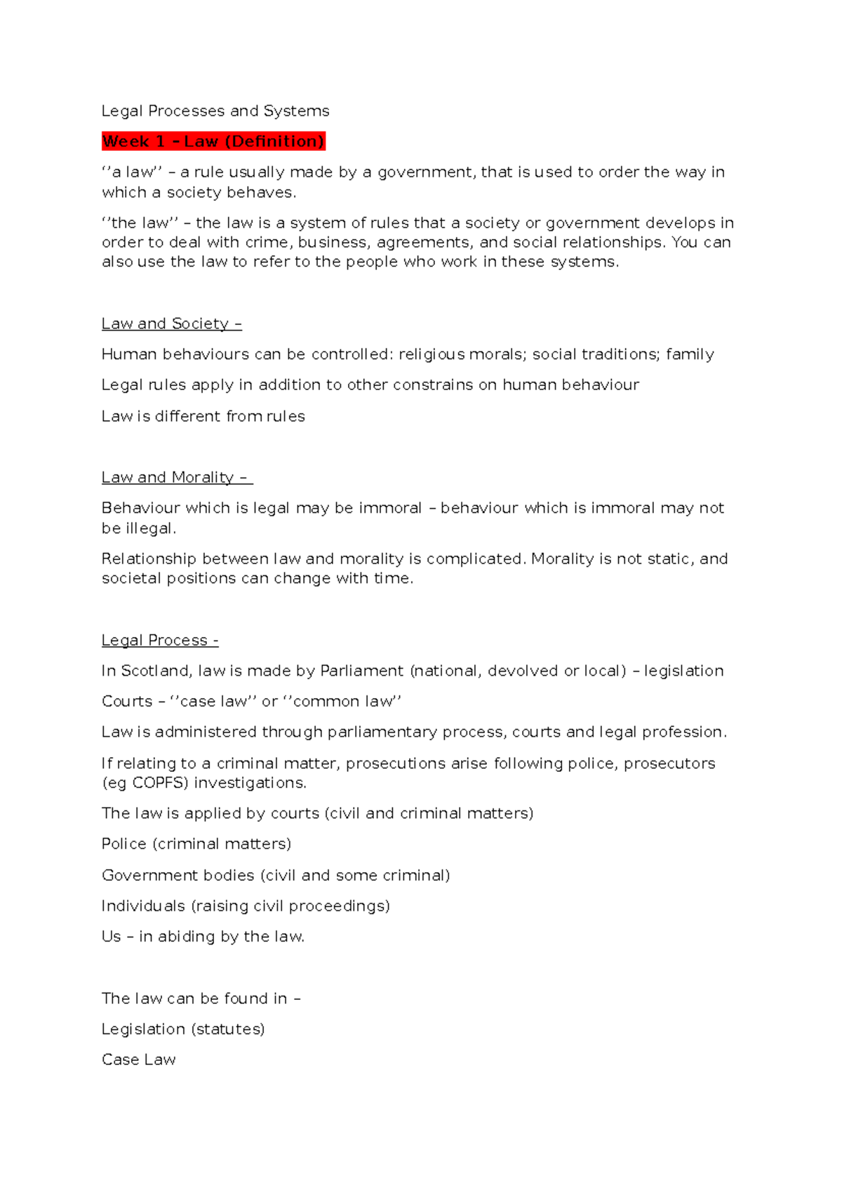 Class Notes Legal Systems - Legal Processes and Systems Week 1 – Law ...