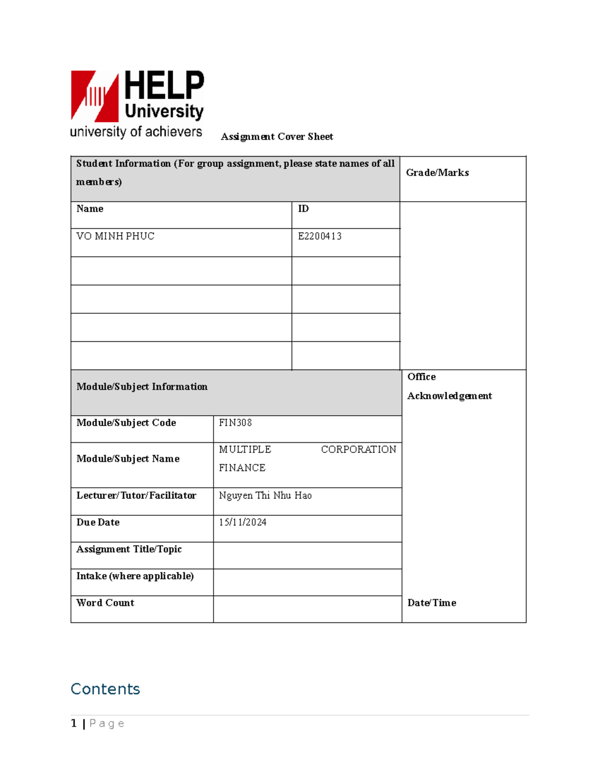 Individual ASM - Assignment Cover Sheet Student Information (For group ...