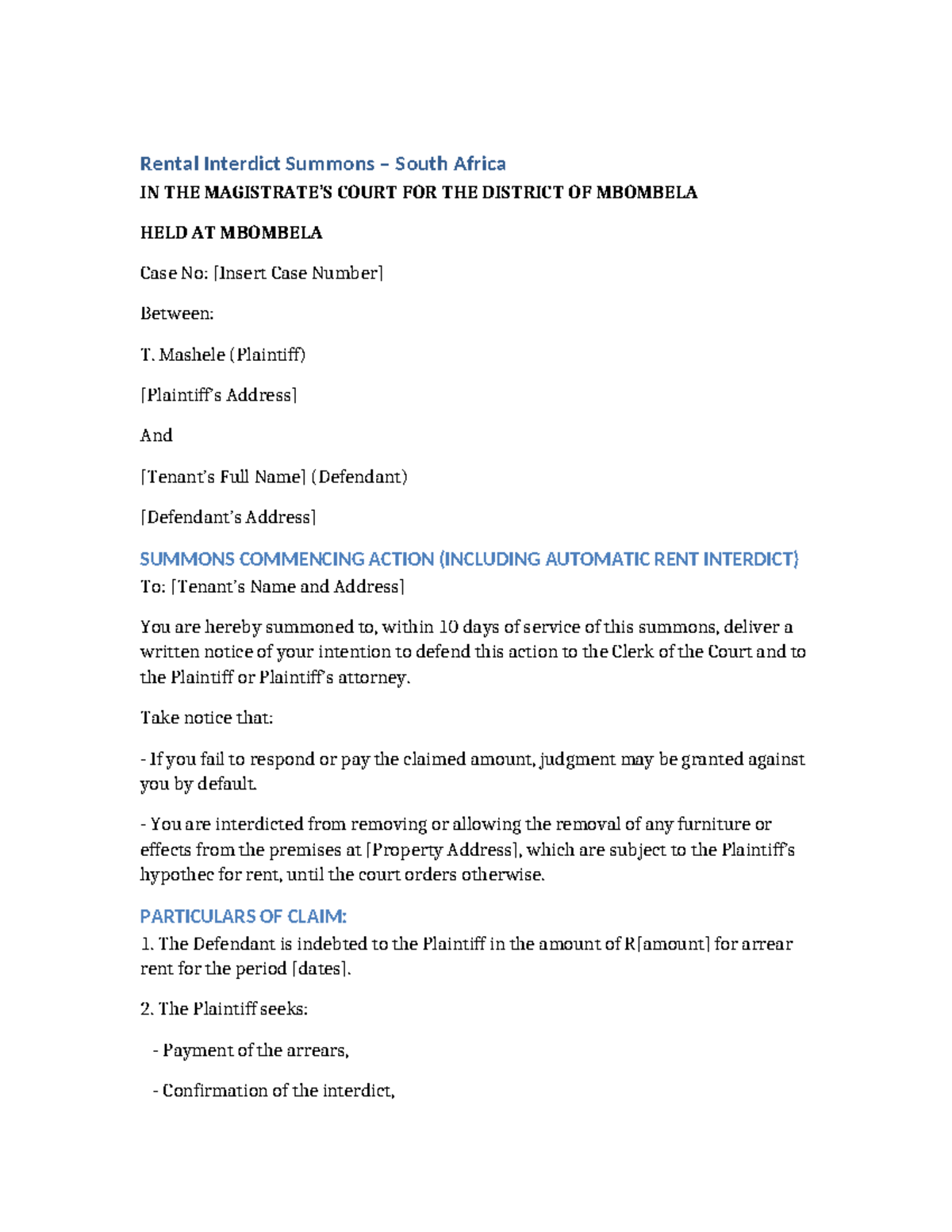Rental Interdict Summons - Case No: Mbombela District Court - Studocu
