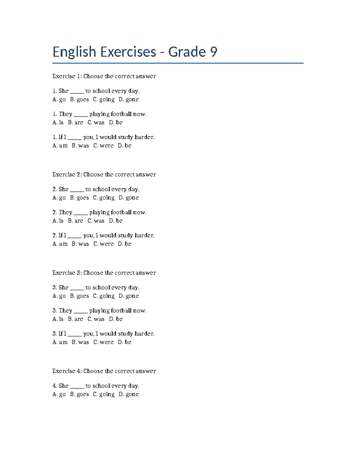 English Grade 9 Exercises: Choose the Correct Answer - Studocu