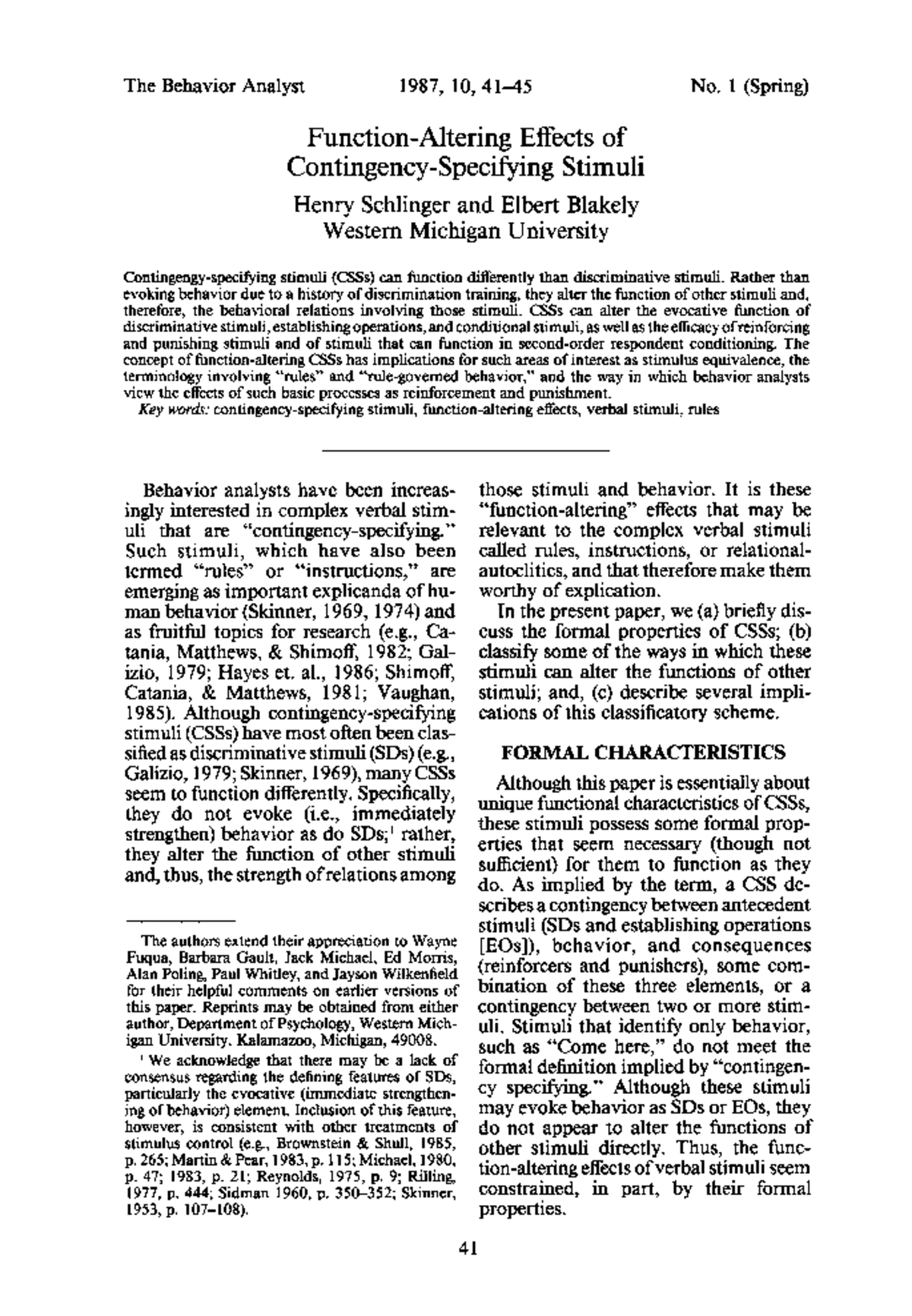 Function-Altering Effects of Contingency-Specifying Stimuli (CSSs ...