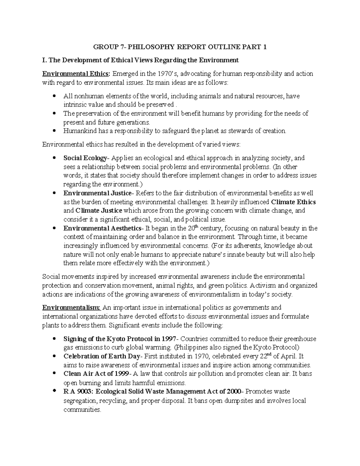 Group 7 - Philosophy Report Outline: Environmental Ethics Overview ...