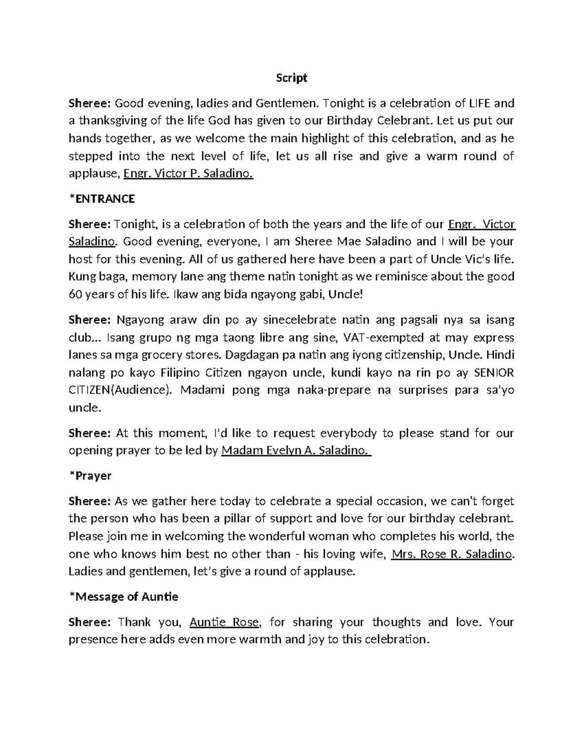 Engr. Victor P. Saladino's Bday Celebration Script - Studocu