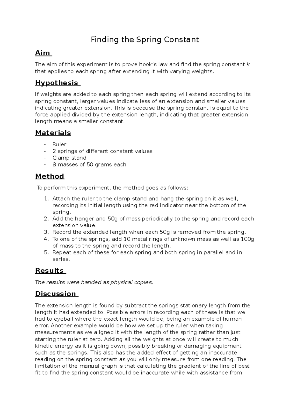 Physics Prac Report: Finding the Spring Constant (Aim & Method) - Studocu