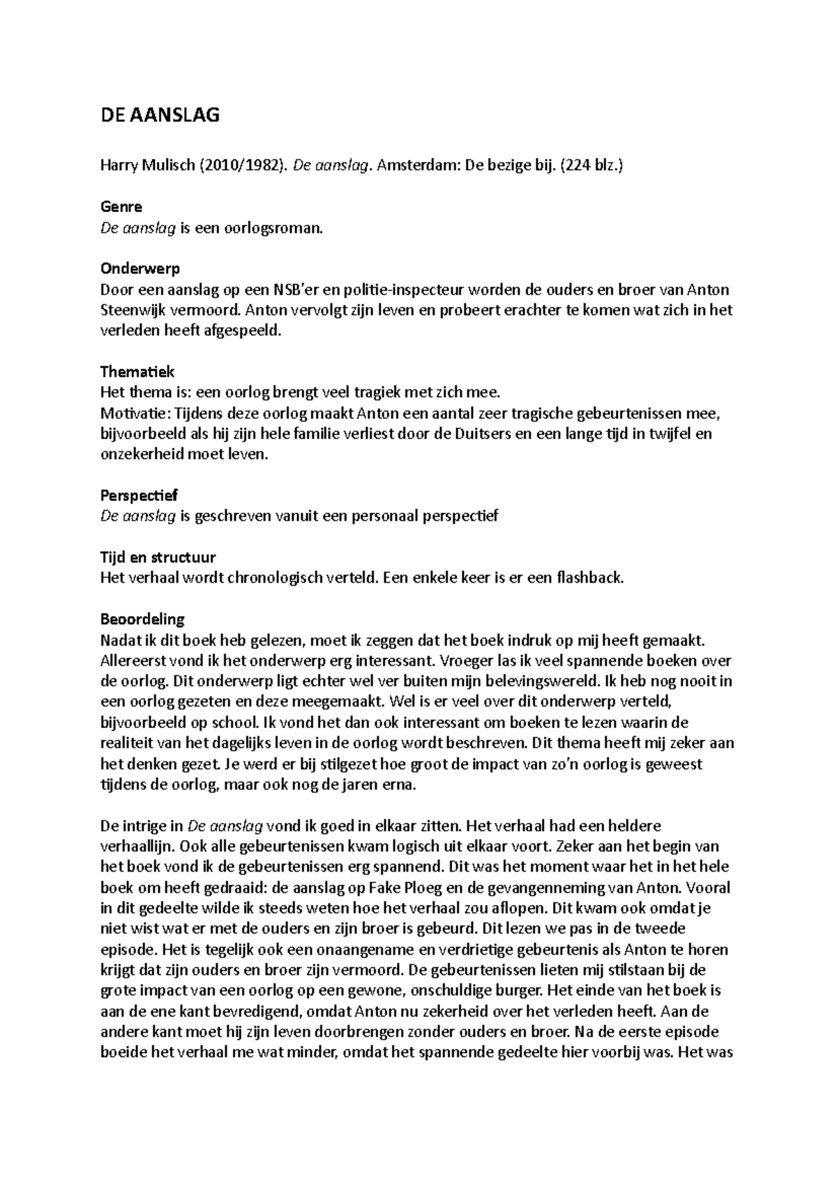 Boekverslag: De Aanslag van Harry Mulisch - Een Oorlogsroman Analyse - Studeersnel