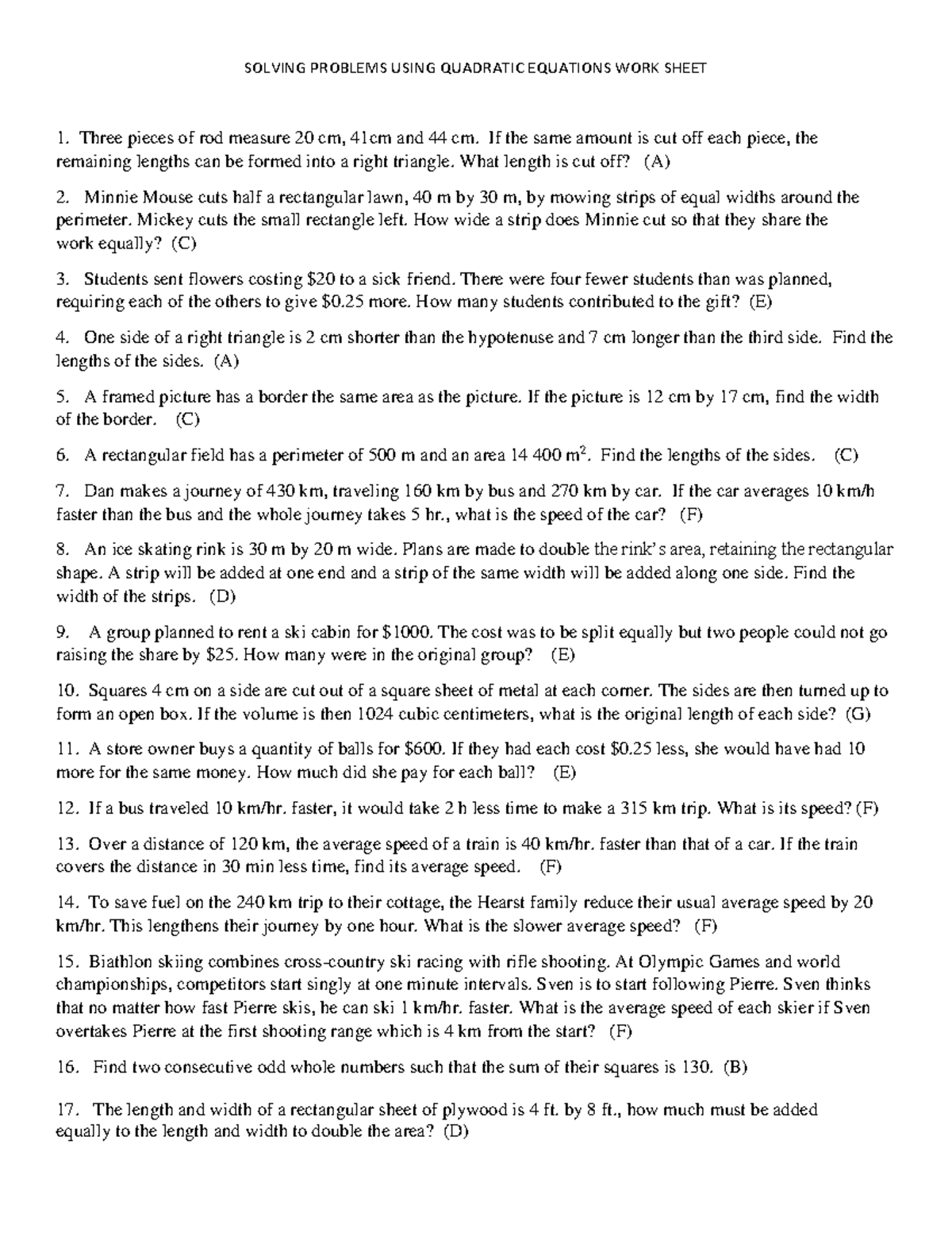 Solving Quadratic Equations: Problem Worksheet 1 - Studocu