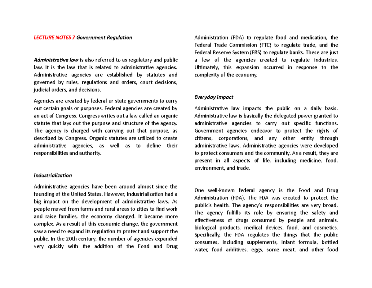 Lecture Notes 7 Government Regulation - Business Law and Regulations ...