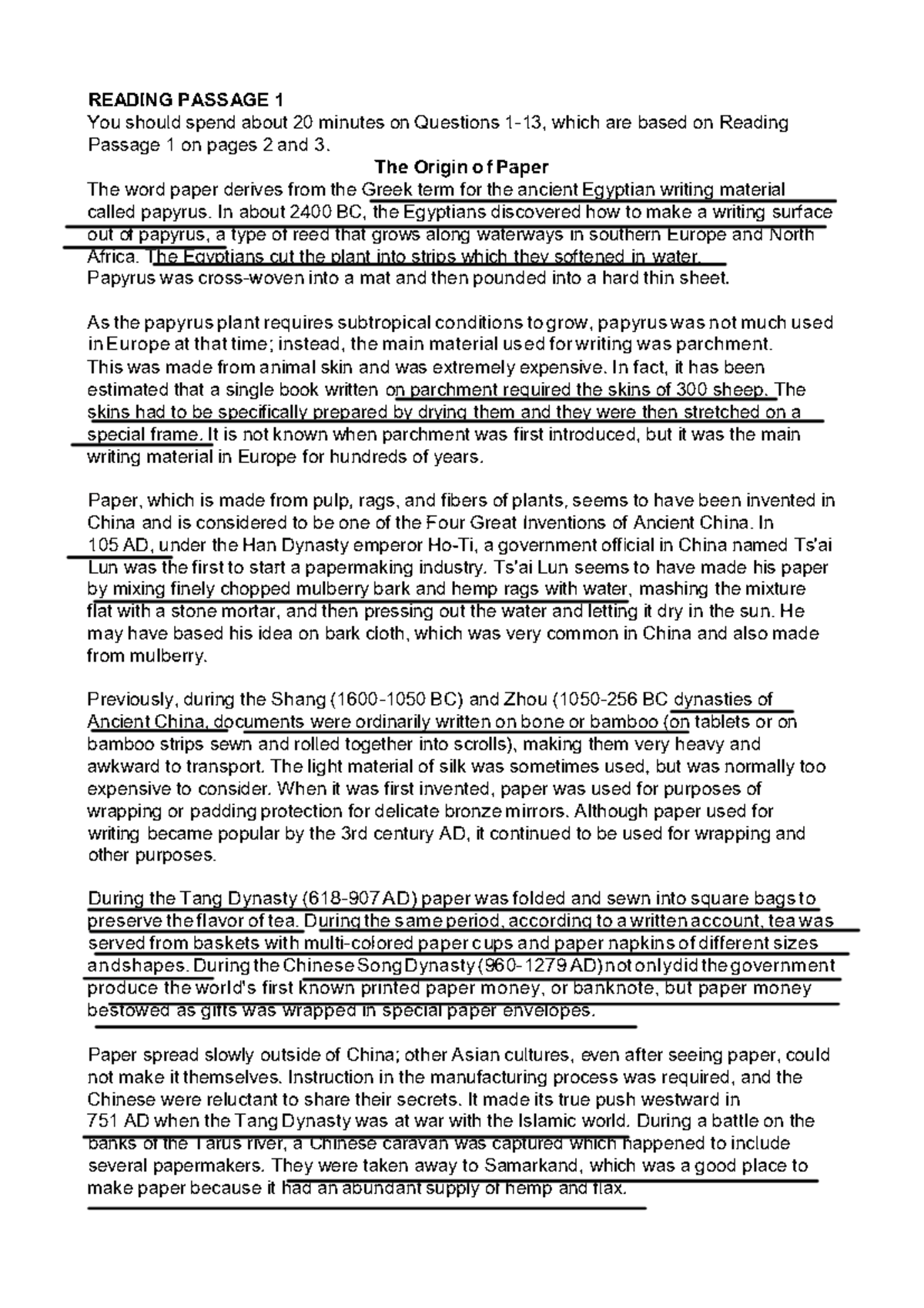 Reading Passage 1: The Origin of Paper - IELTS Study Material - Studocu